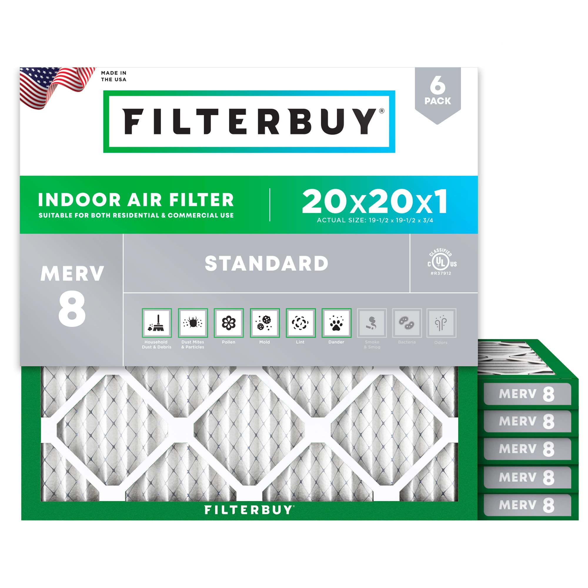 Filterbuy 20x20x1 Air Filter MERV 8 Dust Defense (6-Pack), Pleated HVA ...